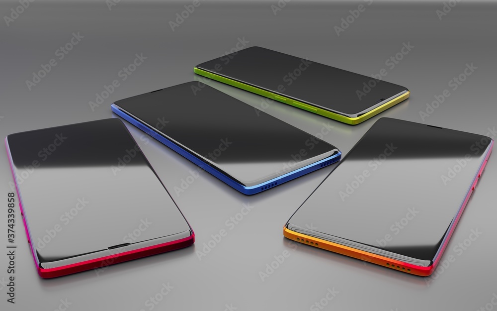 Four modern black smartphones with reflections on the screen lie on a ...