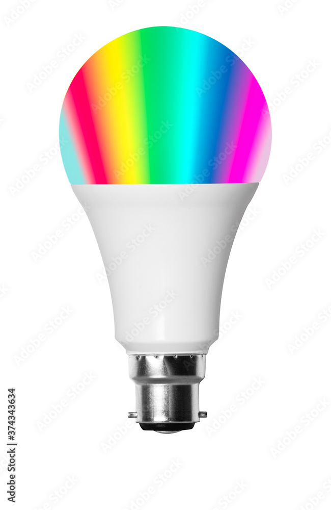 Isolated cutout smart LED bulb showing rainbow of colors with UK B22 ...