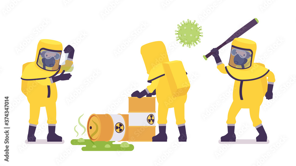 Man wearing hazmat protective clothing, virus fight, radiation barrel ...