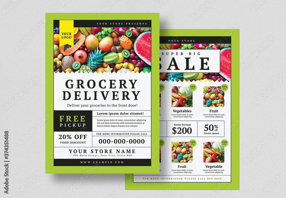 Grocery Delivery Flyer Layout สต็อกเทมเพลต | Adobe Stock