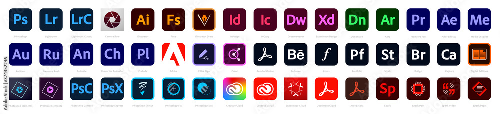 Set icons Adobe Products 2020: Illustrator, Photoshop, InDesign ...