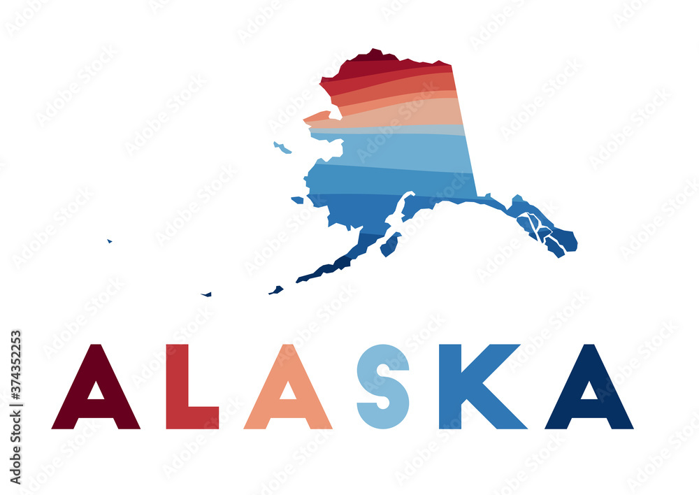 Alaska map. Map of the us state with beautiful geometric waves in red ...
