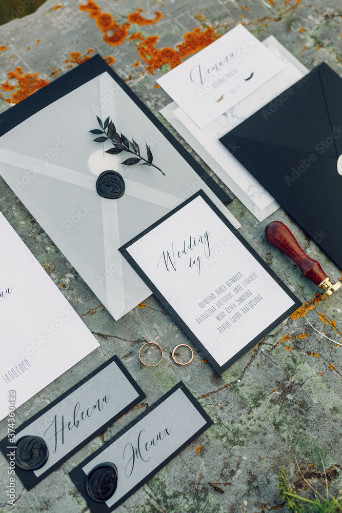 Wedding invitation cards and envelopes. Layout for text or photos ...