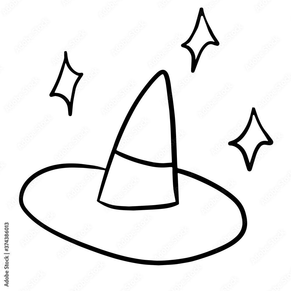 Wizard Hat in Hand Drawing Doodle Style. Old witch hat black and white ...