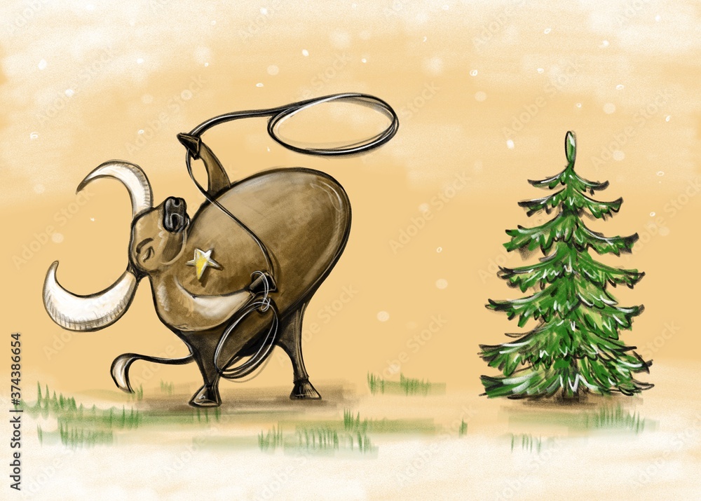 Bull cowboy catches a Christmas tree. Fun illustration for a postcard ...