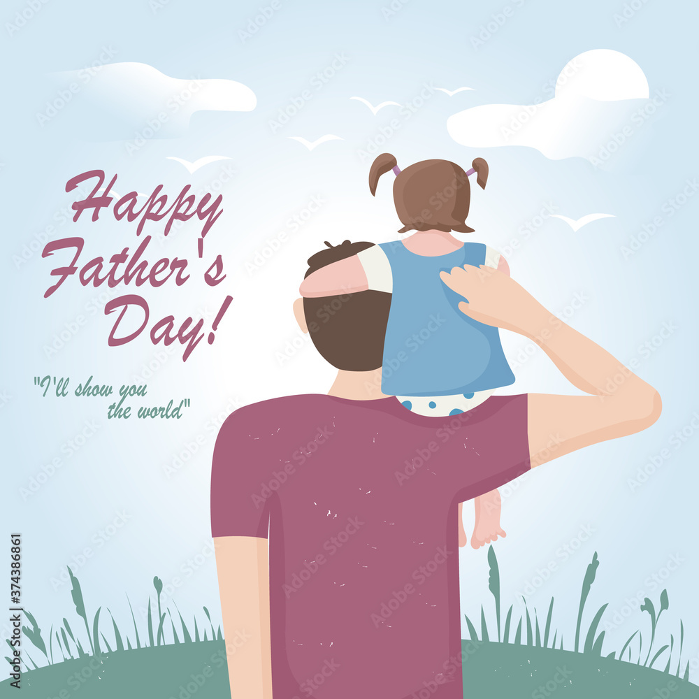 Portrait of a man and his little daughter in a blue dress. The girl ...