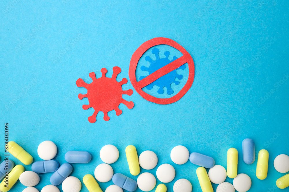 crossed out virus icon on light blue background. white and yellow and ...