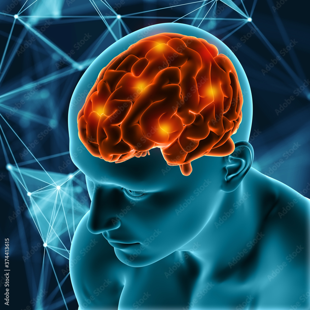3D medical background with male figure with brain highlighted Stock ...