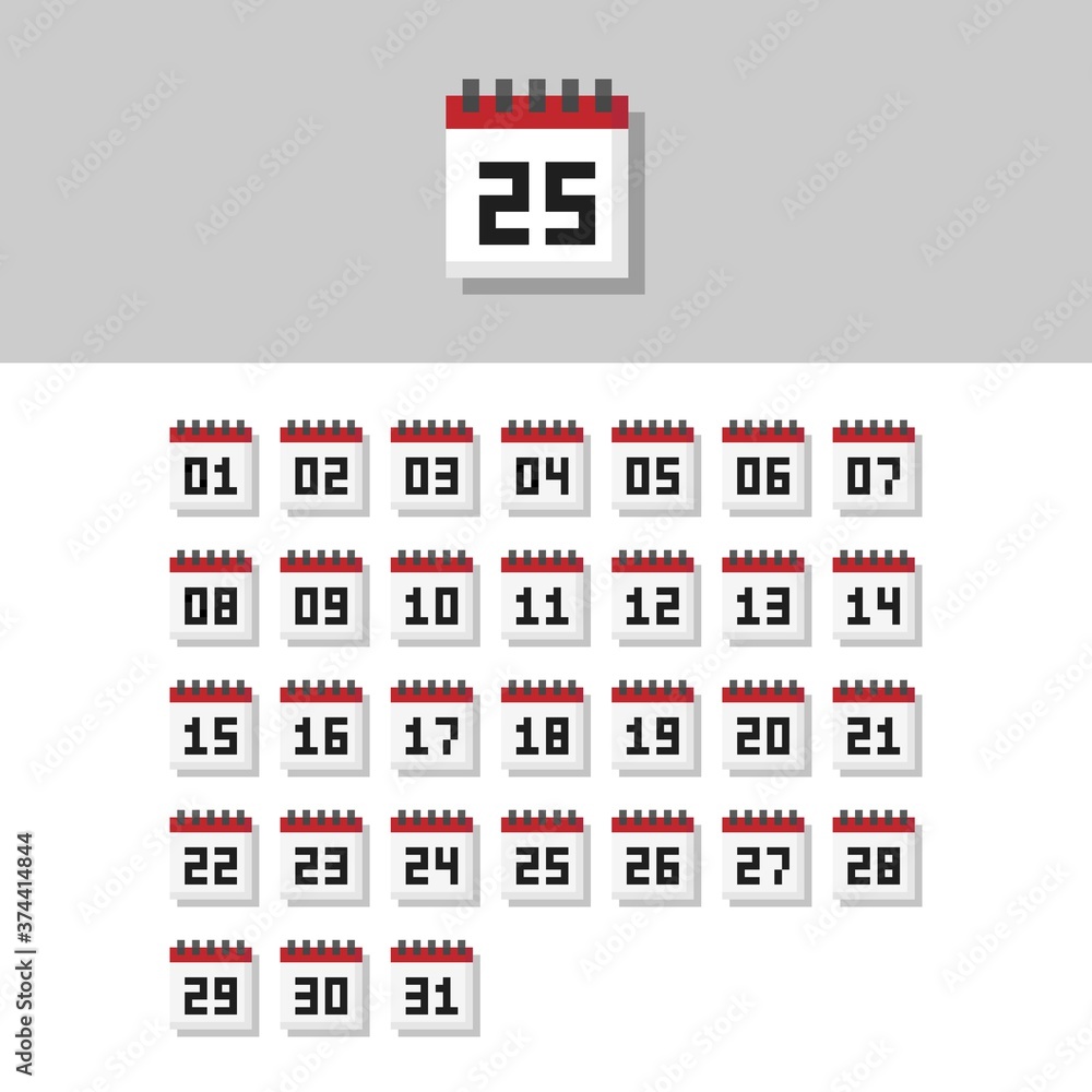 Pixel art 8-bit from 1 to 31 day month calendar icon set - isolated ...