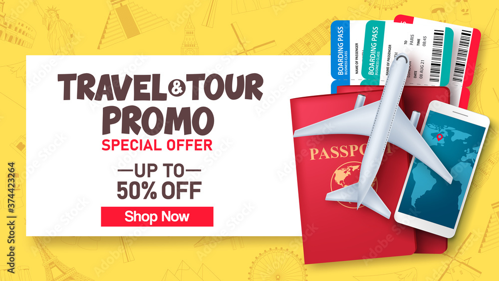 Travel and tour promo vector banner template. Travel sale online offer ...