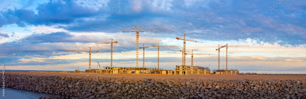 Construction near sea. Artificial island building panorama. Tower ...