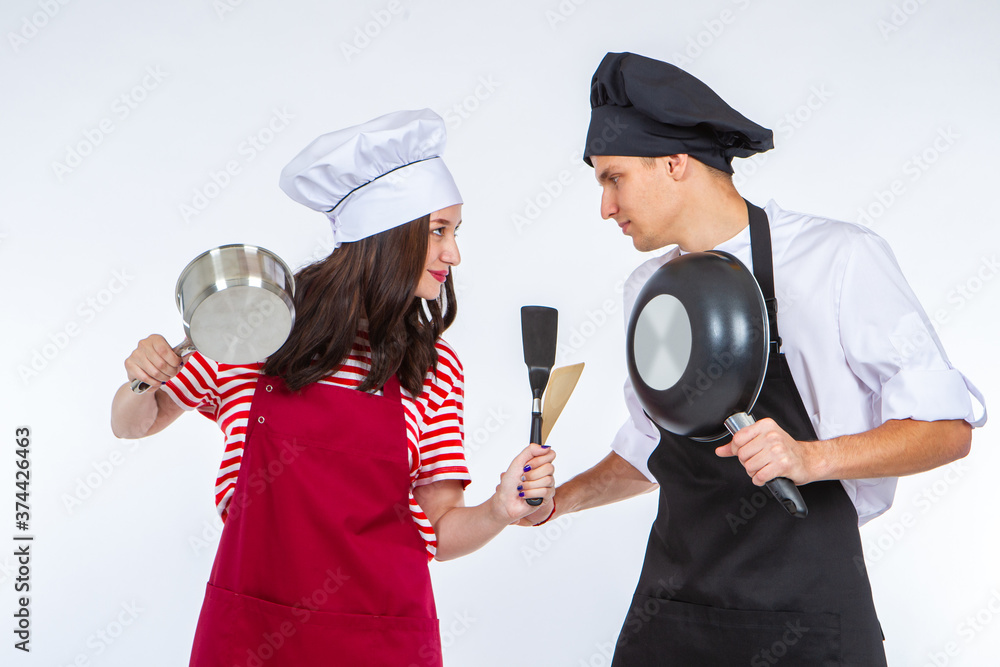 Two restaurant chef. Two cooks look at each other. Culinary battle ...
