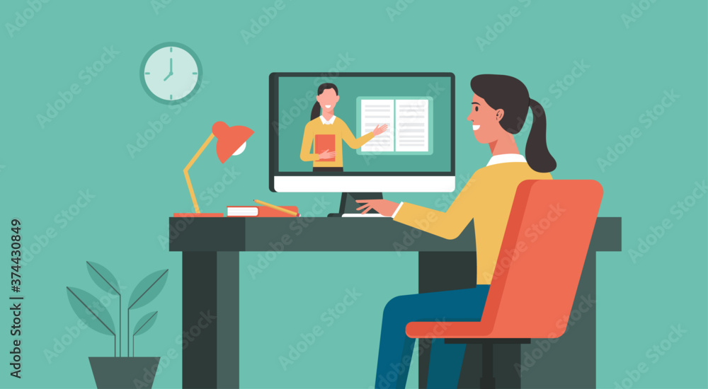 online education and distance learning concept, woman using computer at ...