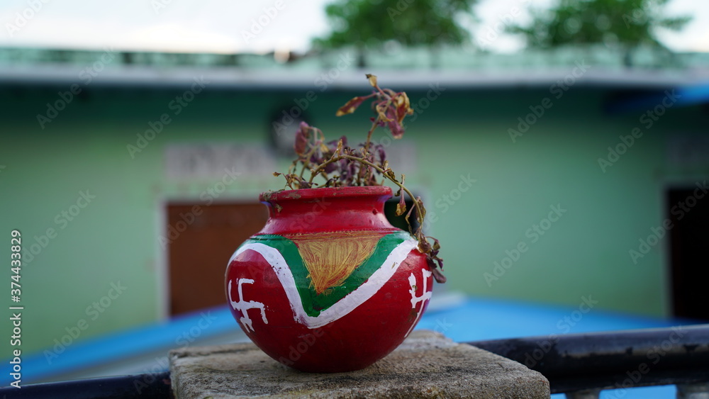 Reengus, Jaipur, India-21 March 2020; Growing plant in clay pot or ...