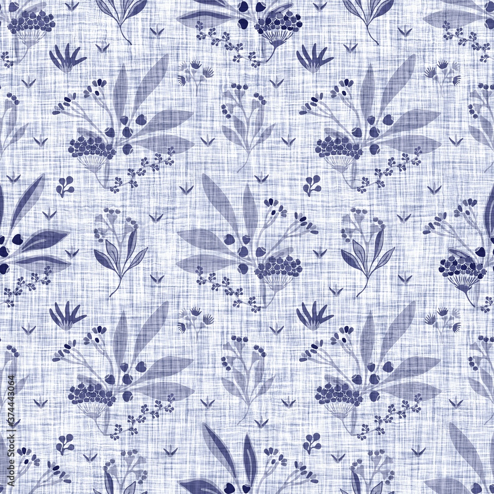 Indigo blue flower block print dyed linen texture background. Seamless ...