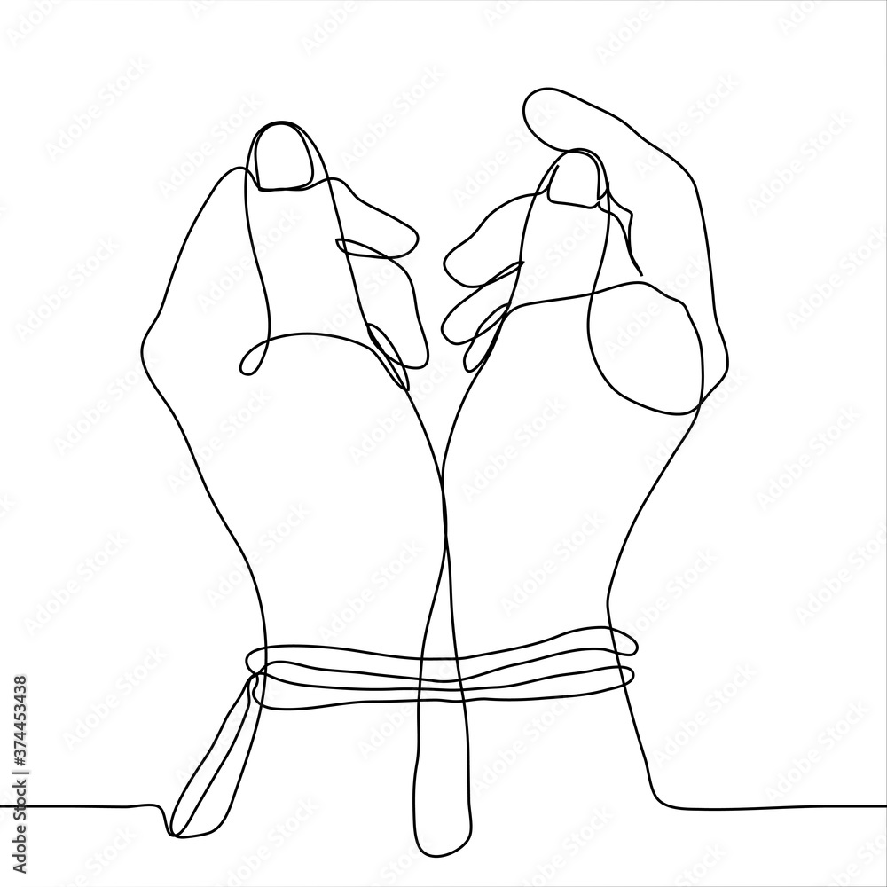 female hands tied with a rope on the wrists. one continuous line drawing concept of a prisoner ...