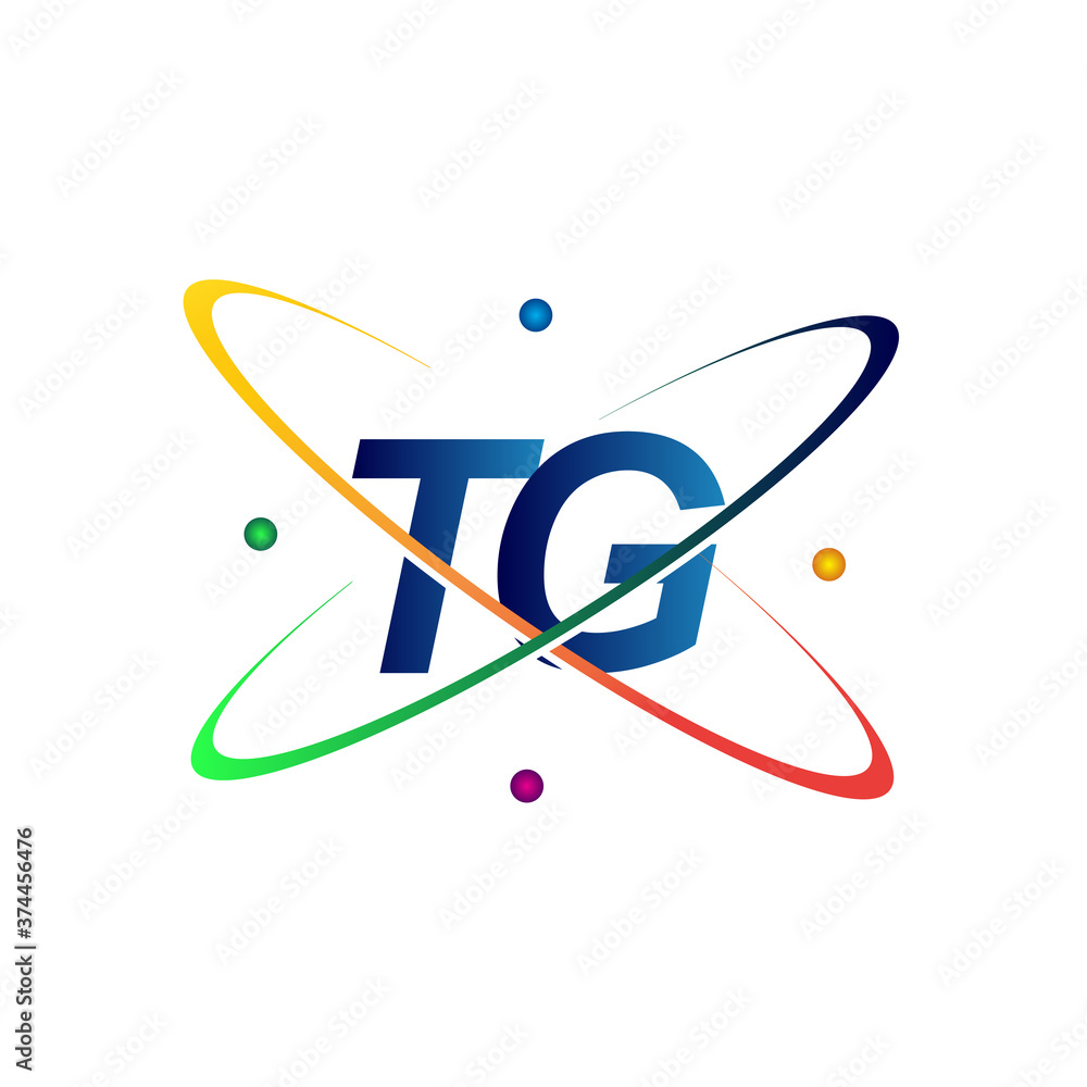 initial letter TG logotype science icon colored blue, red, green and ...