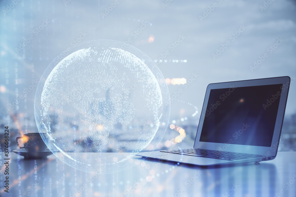 Multi exposure of table with computer and world map hologram ...