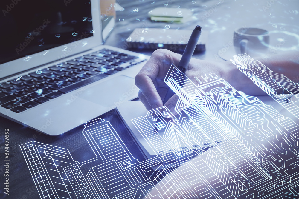 IOT drawing over writing hands in notepad background. Concept of smart ...