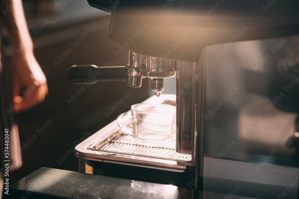 Coffee and Matcha greentea making by pouring hot water steam pressure ...