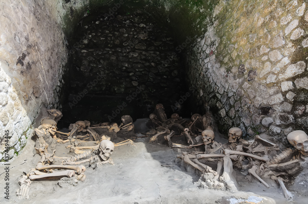 Skeletons of people who died during the eruption of Mount Vesuvius in ...
