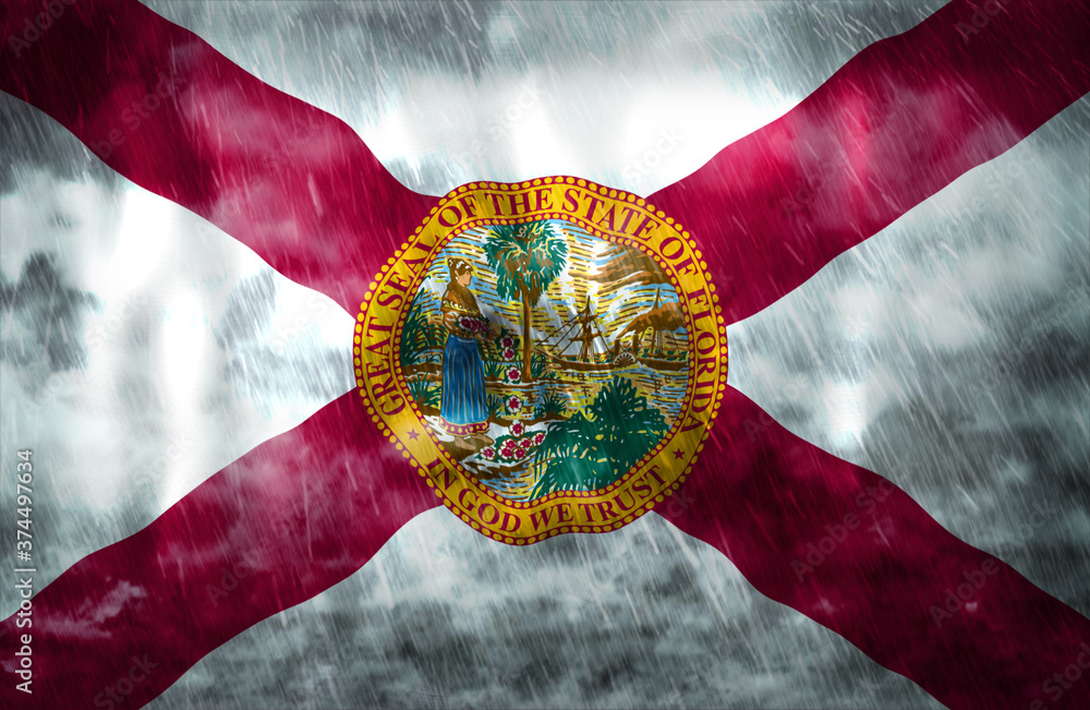 Composite of Flag of State of Florida, USA and rain clouds. Symbolizing ...