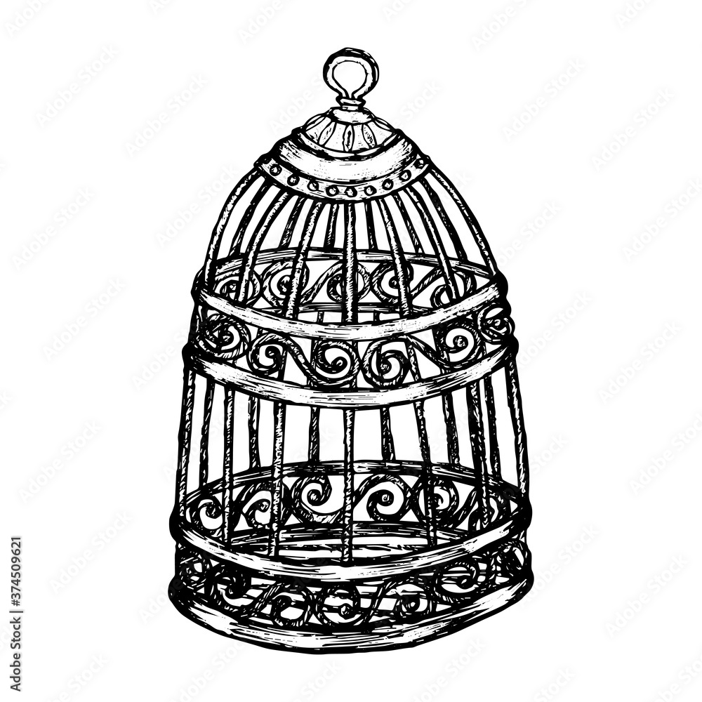 Sketch cage in vintage style black outline isolated on white background ...