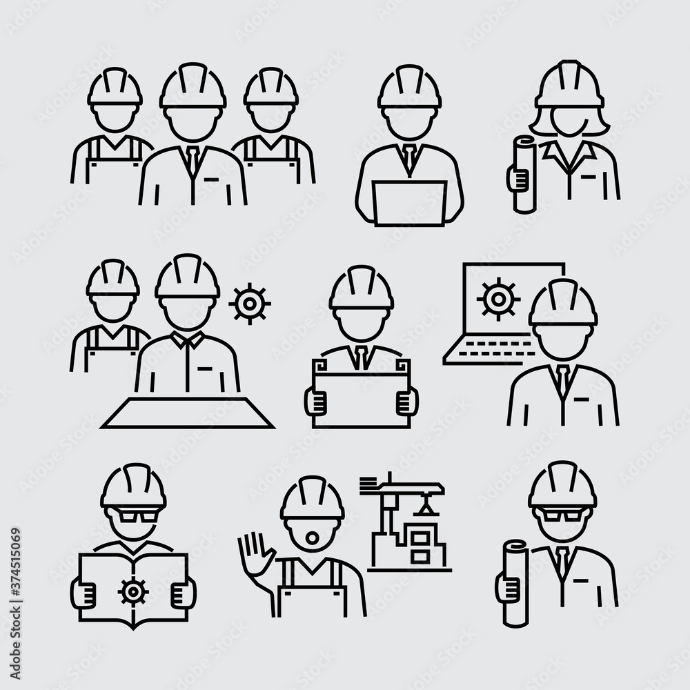 Civil Engineer Architect and Construction Workers Vector Flat Line ...