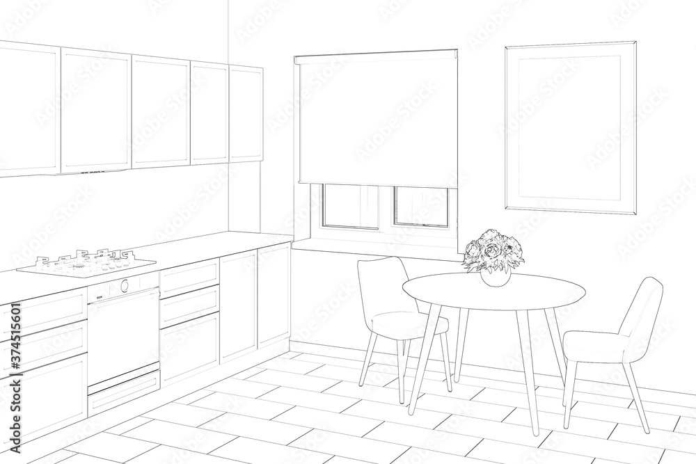 Sketch of the kitchen interior with a window with blinds between a ...