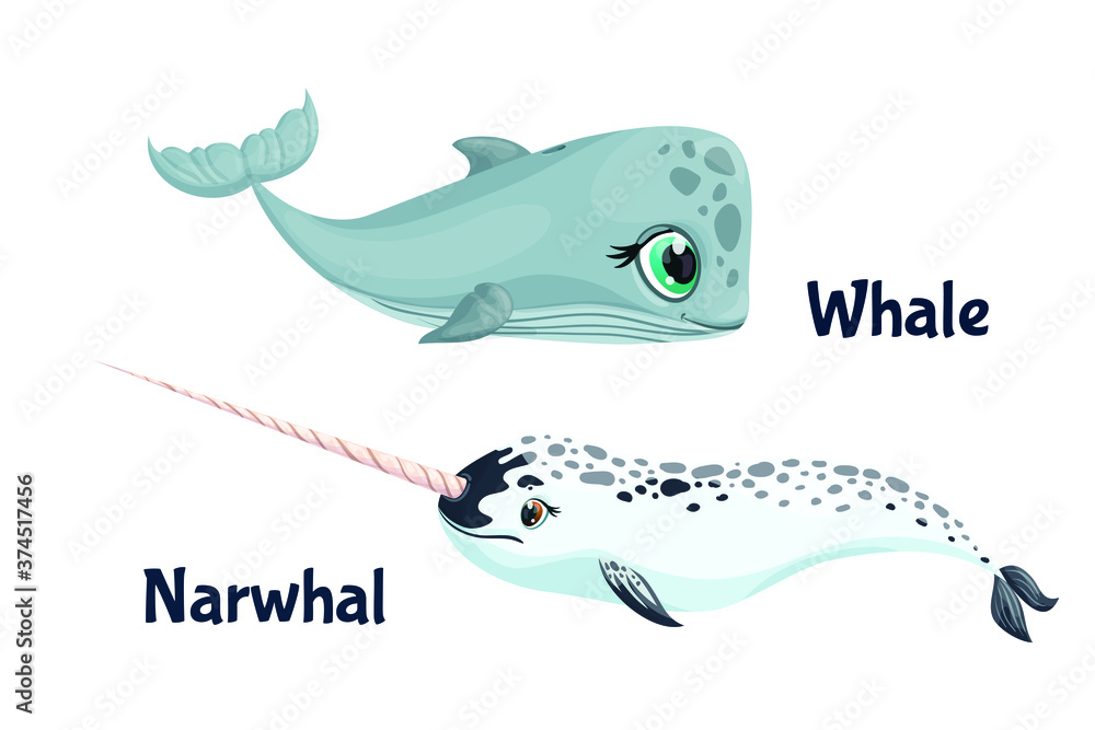 Cartoon whale and narwhal ocean set for print design. Vector sea ...