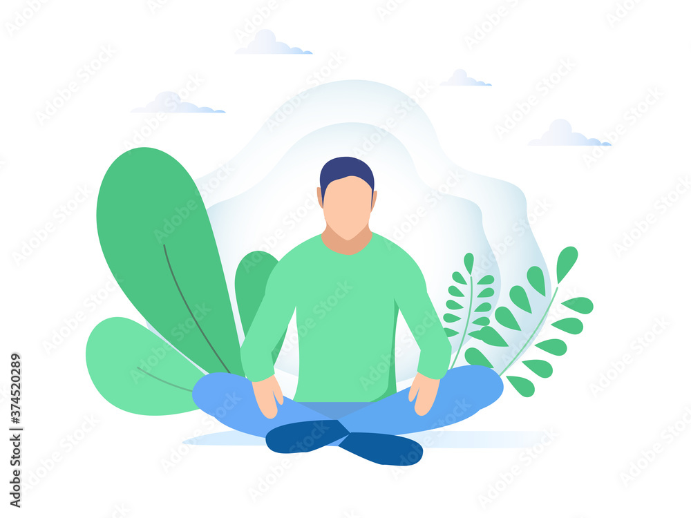 Man meditating in nature and leaves. Concept illustration for yoga ...
