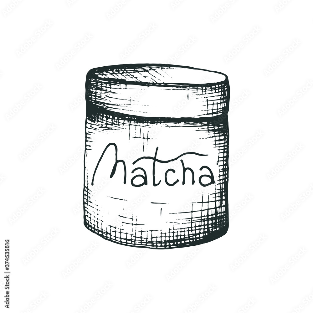 Vector illustration with plastic or wooden packaging of Japanese matcha ...