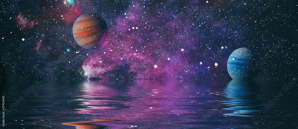 Deep reflected space in water . Starry outer space background texture ...