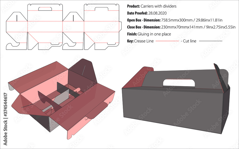 Carriers with dividers box packaging design template gluing die cut ...