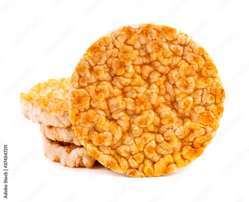 Caramelized rice-corn crispbread, isolated on white background. Sweet ...