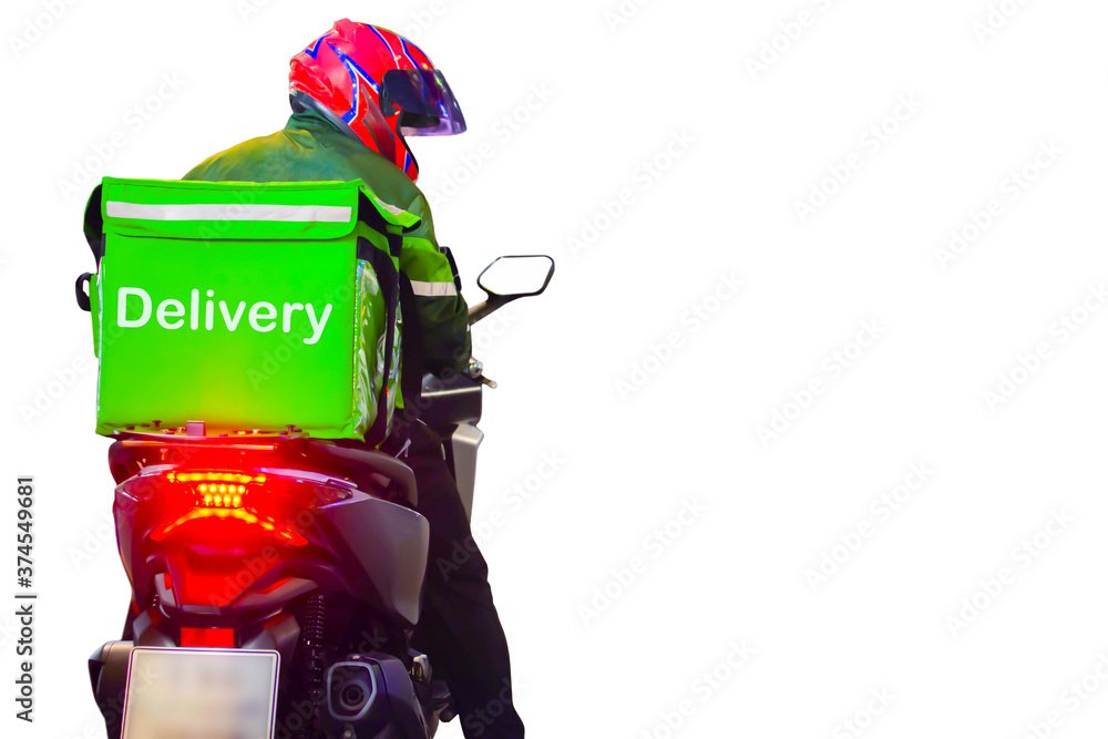 Motorcycle driver delivers food delivery on white background With ...