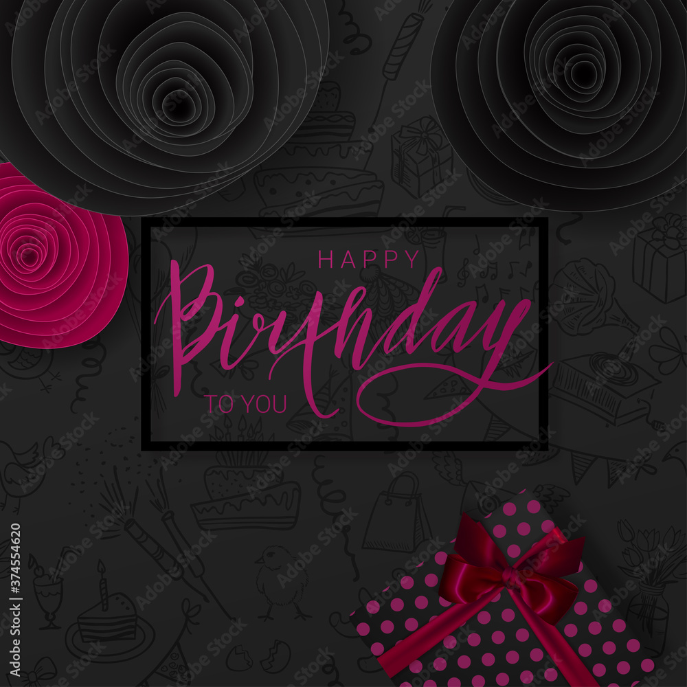 Birthday lettering black background with paper flowers and gift box ...