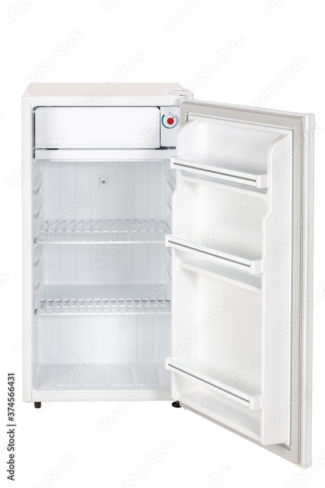 Open an empty mini fridge Refrigerator Isolated on White Background ...