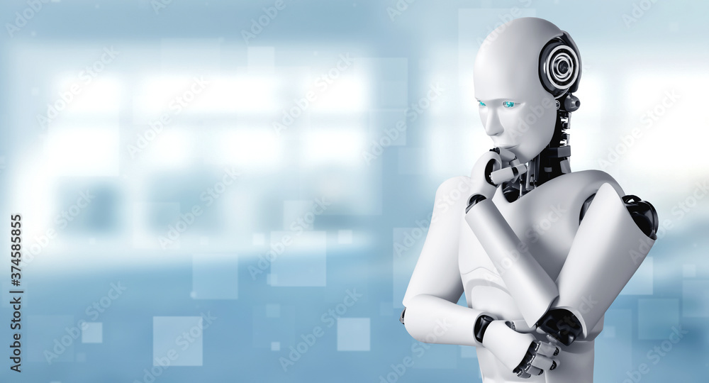 Thinking AI humanoid robot analyzing information data in concept of ...