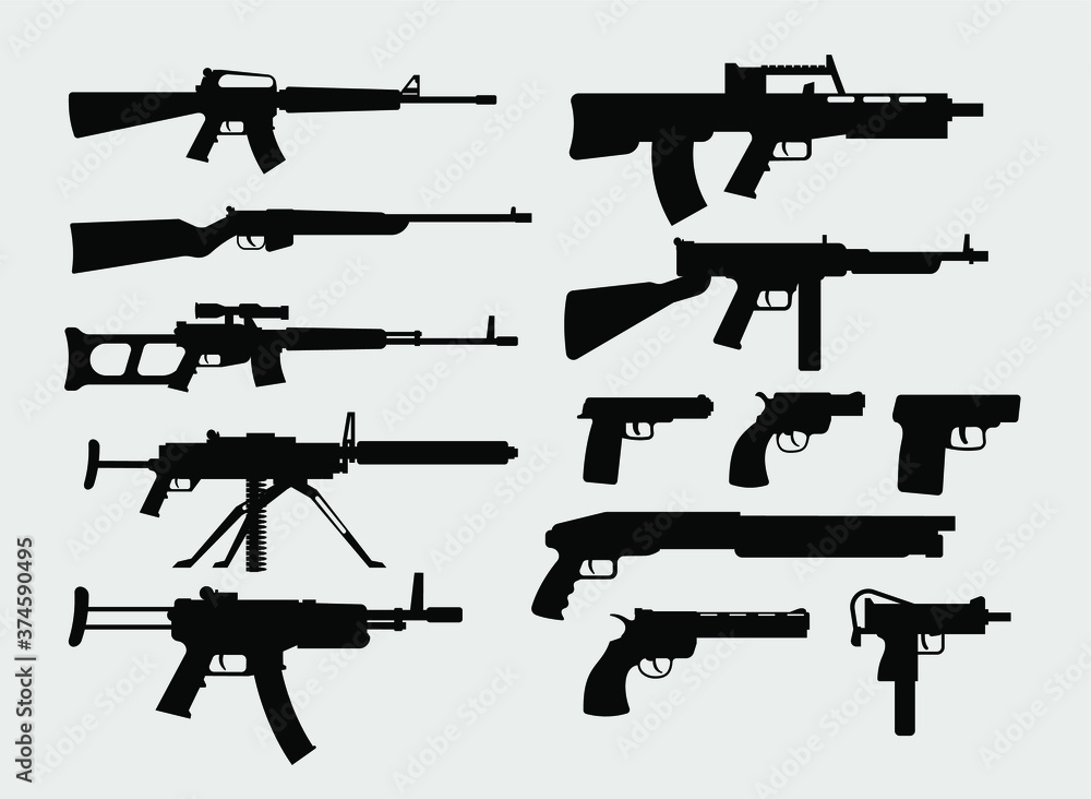Graphic vector black silhouette pistols, rifles, guns, submachines ...