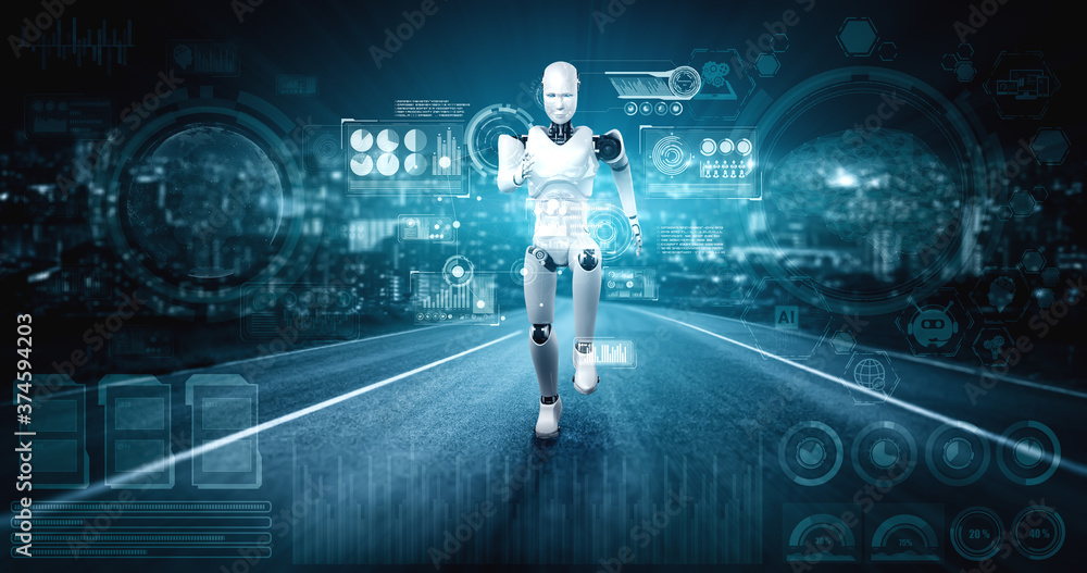 Running robot humanoid showing fast movement and vital energy in ...