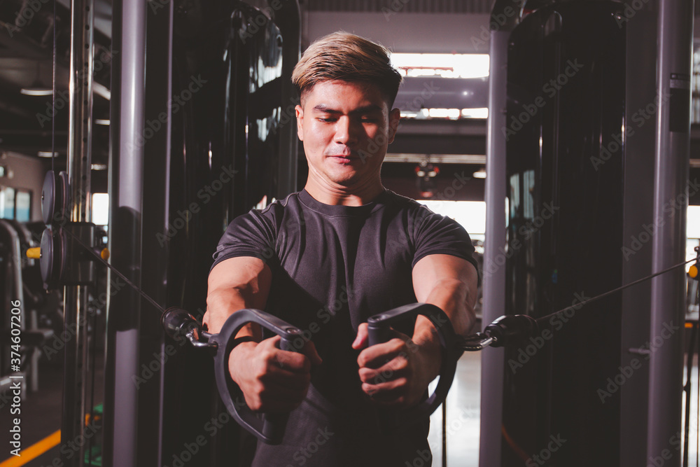 Strong and powerful Asian athletes training a cable fly workout at the ...