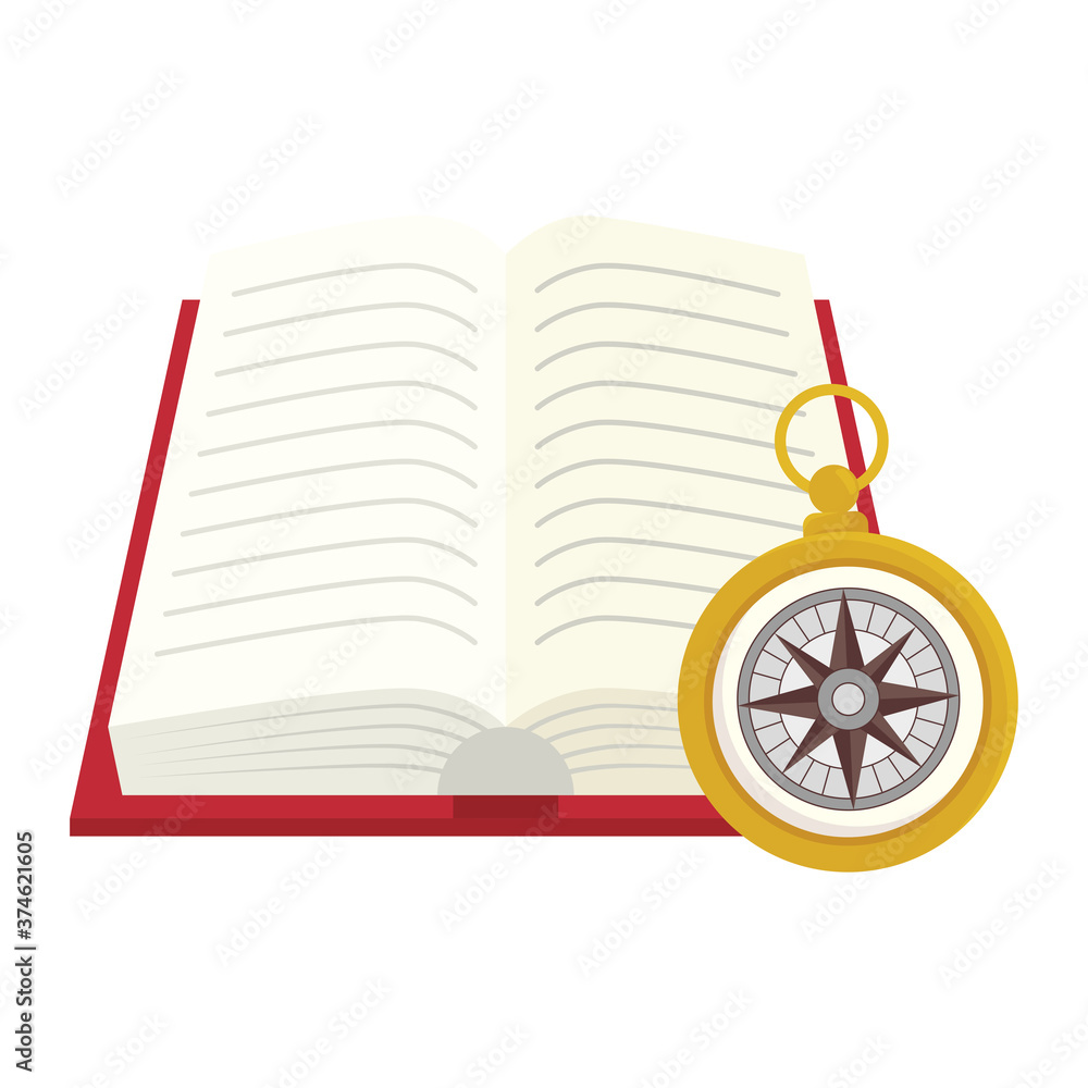 Open book with compass design, Tool navigation location north south ...