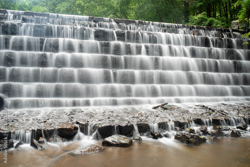 Full frame long exposure image of a tiered waterfall in a forest ...