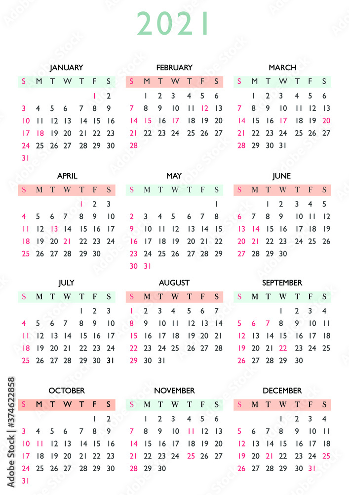 Simple calendar 2021 year at glance Stock Vector | Adobe Stock