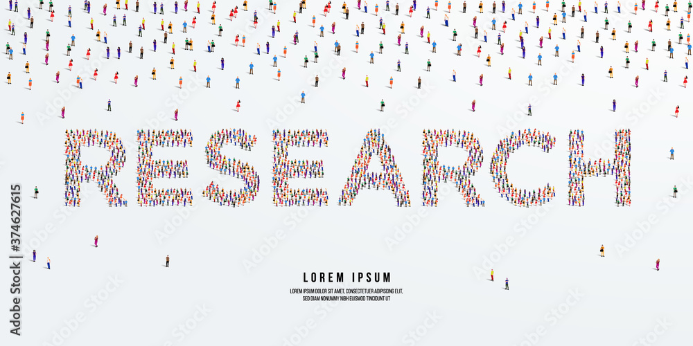 Research. Large group of people form to create Research. vector ...
