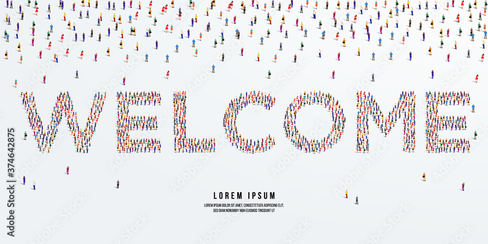 Welcome. Large group of people form to create Welcome. vector ...