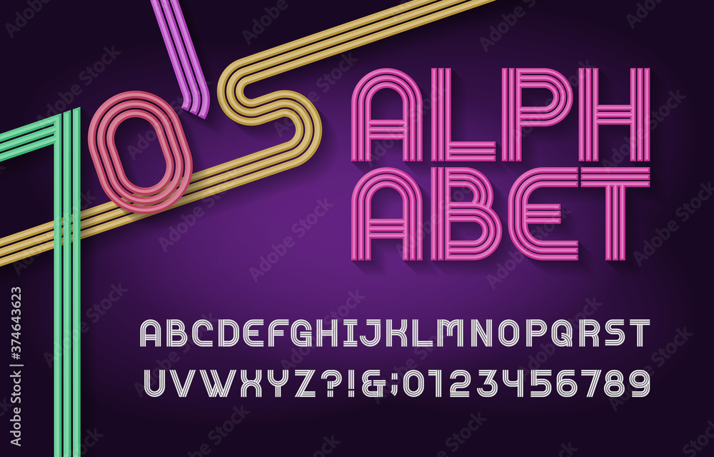 70s Retro stripe alphabet font. Funky type 3d letters, numbers and ...