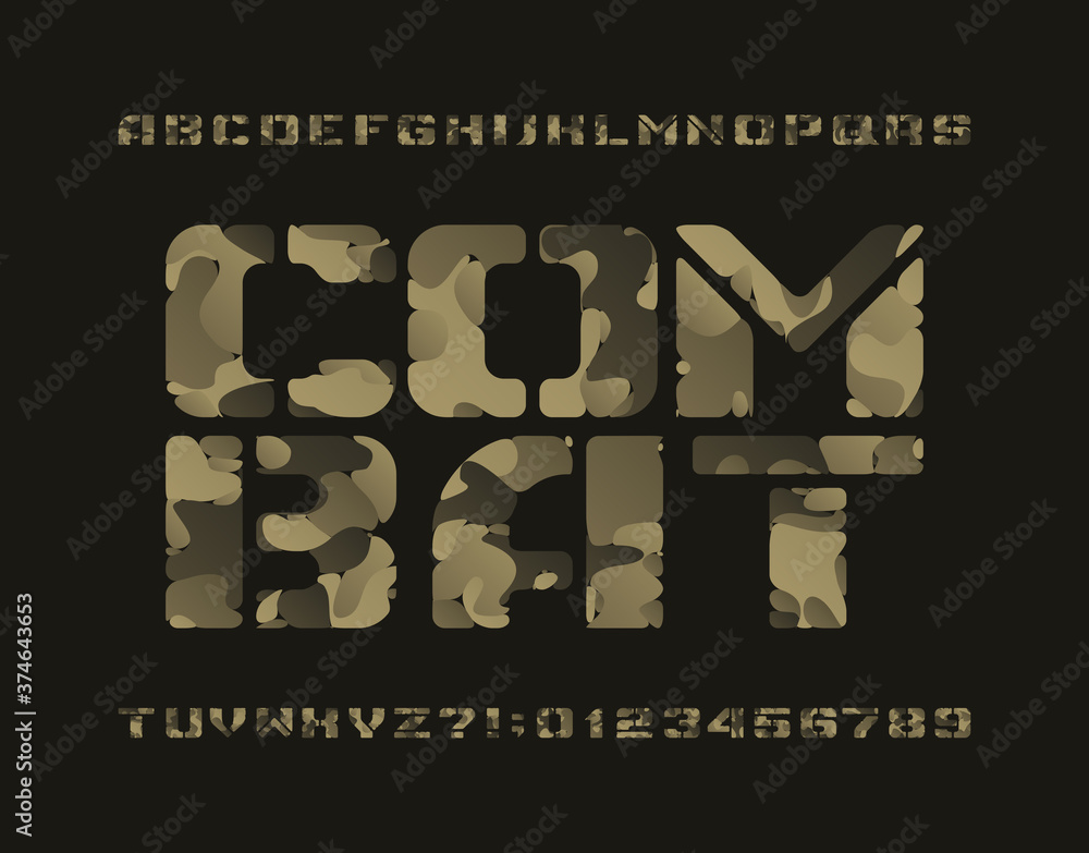 Combat alphabet font. Camo letters and numbers. Stock vector typescript ...