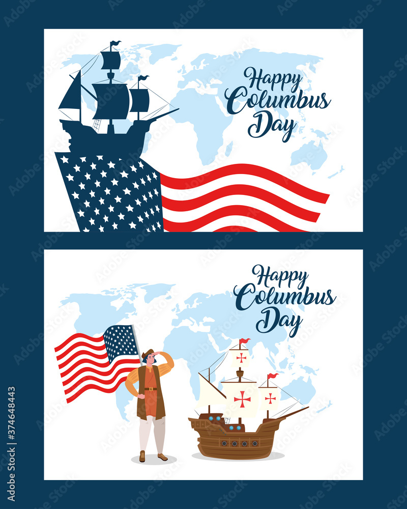 Christopher Columbus cartoon with ships and usa flags design of happy ...